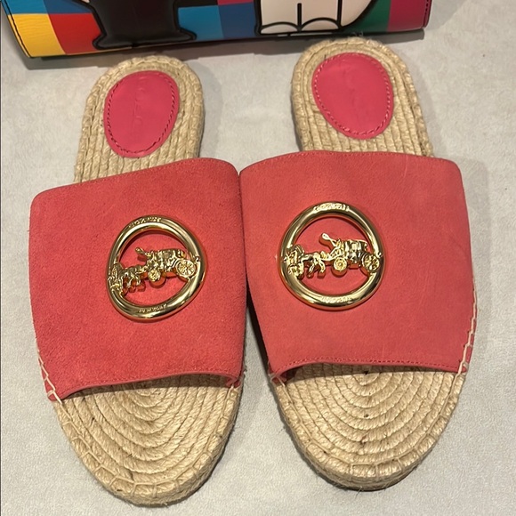 Coach | Shoes | Coach Pink And Gold Espadrille Slides | Poshmark